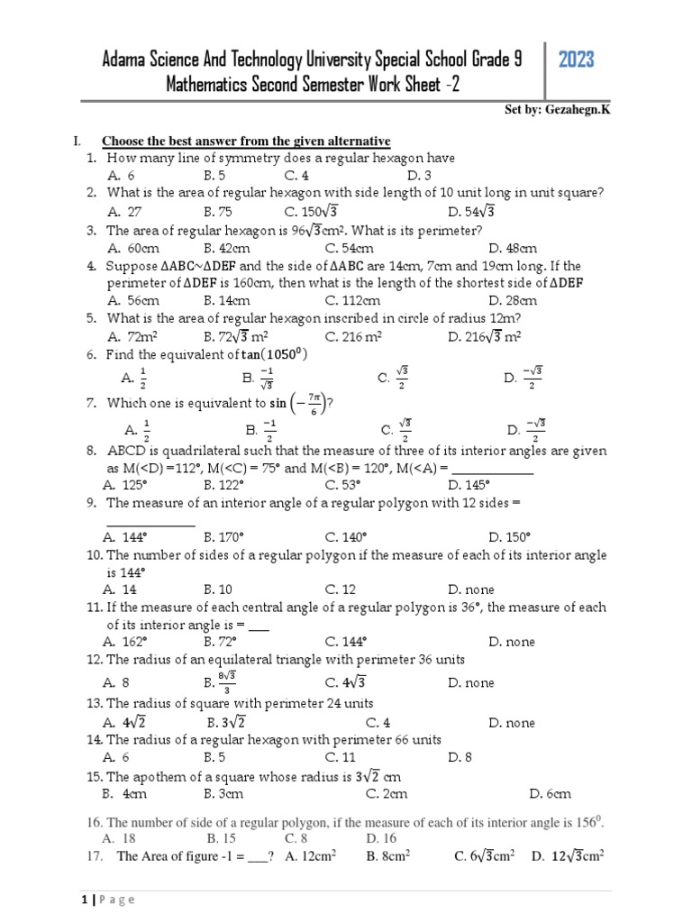 Grade 9 Maths Second Sem. Work Sheet For Mid | Download Free PDF ...