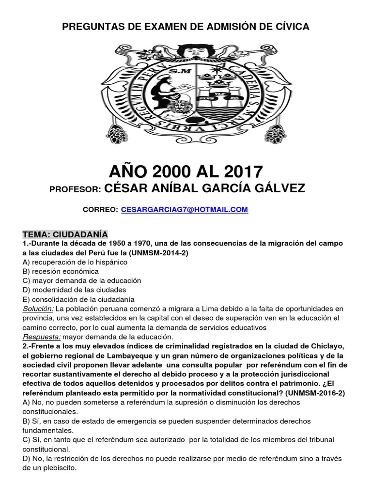 Preguntas de Examen de Admisión de Cívica 1 | PDF