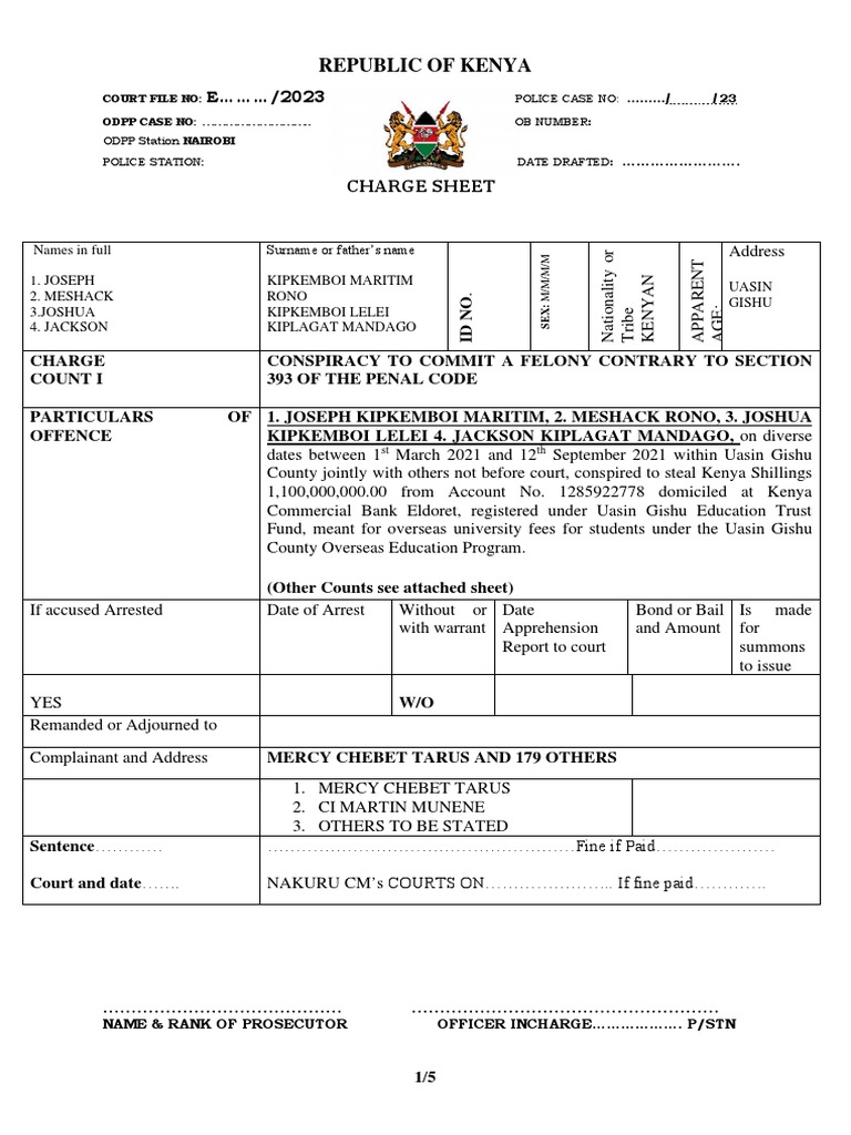 Uasin Gishu County Charge Sheet Sample | PDF | Bail | Criminal Law
