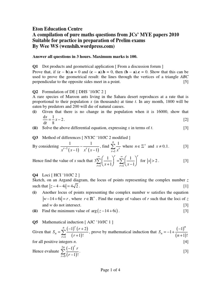 Mye 2010 Compilation of Qns Pure Maths | PDF | Function (Mathematics ...