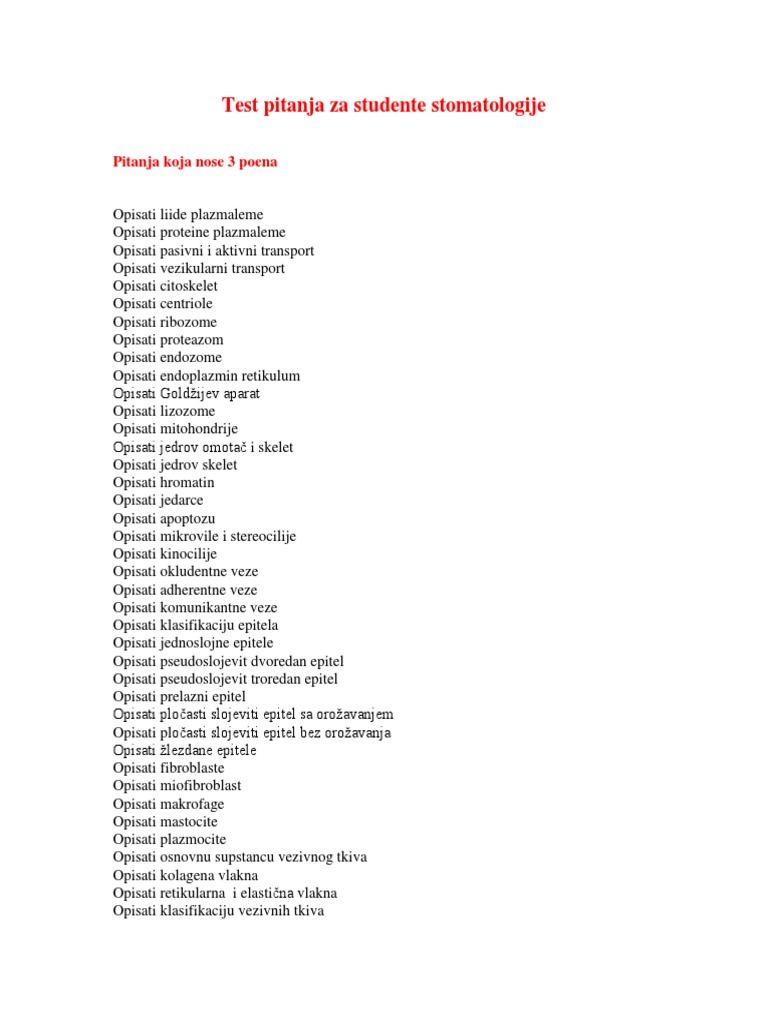 Histologija - Test Pitanja Za Stomatologe | PDF
