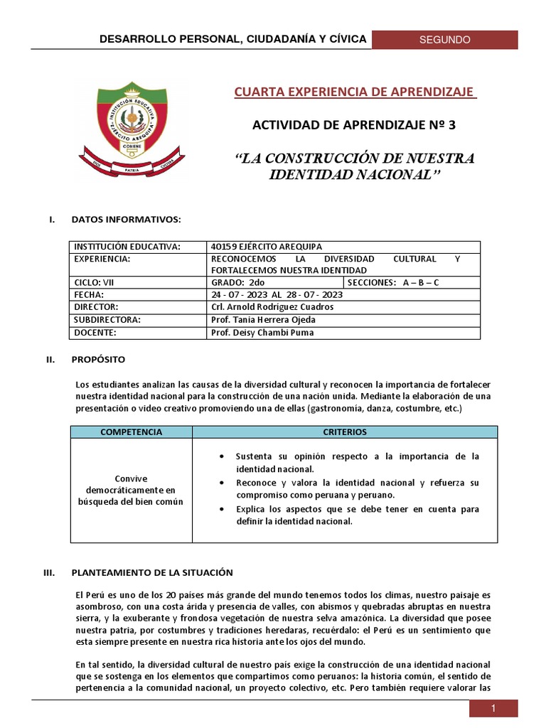 4ta Experiencia - Tercera Actividad de Aprendizaje - DPCC - Segundo | PDF | Nación