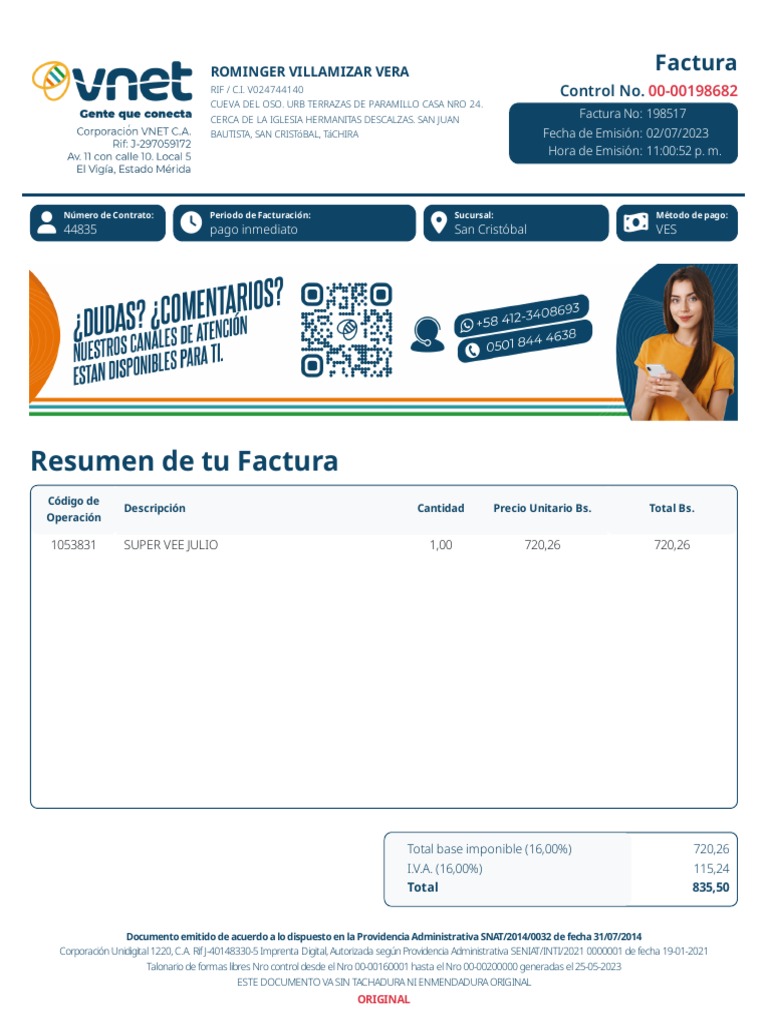 Factura Julio Vnet | PDF