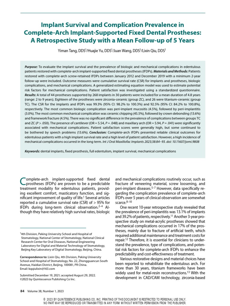 Implant Survival and Complication Prevalence in Complete-Arch Implant-Supported Fixed Dental ...