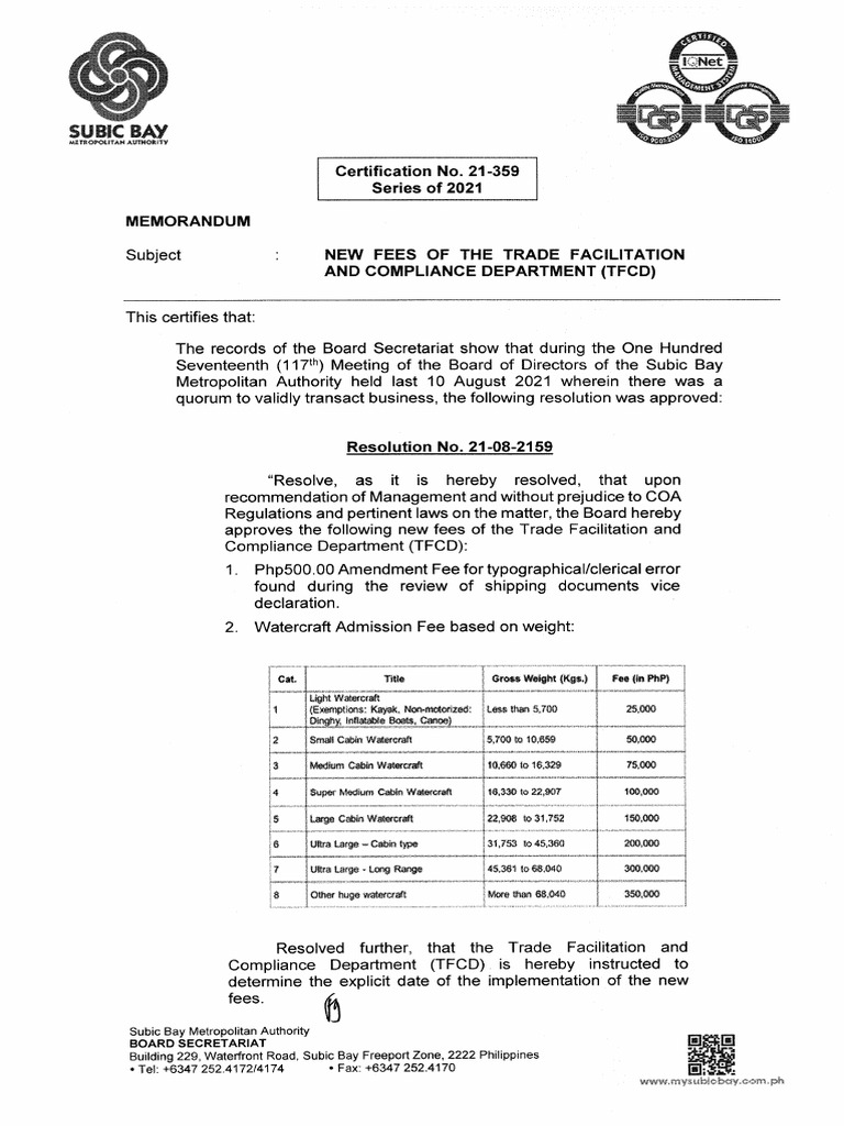 21-359 New Fees of The Trade Facilitation and Compliance Department ...
