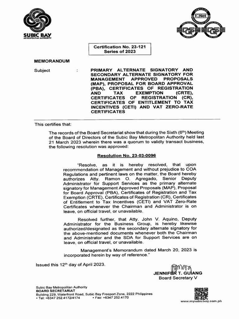23-121 Primary Alternate Signatory and Secondary Alternate Signatory ...