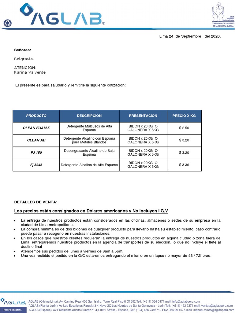 Cotizacion Aglab Peru | PDF
