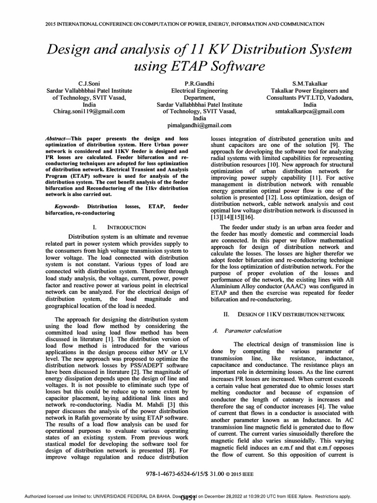 Design and Analysis of 11 KV Distribution System Using ETAP Software | PDF | Electric Power ...