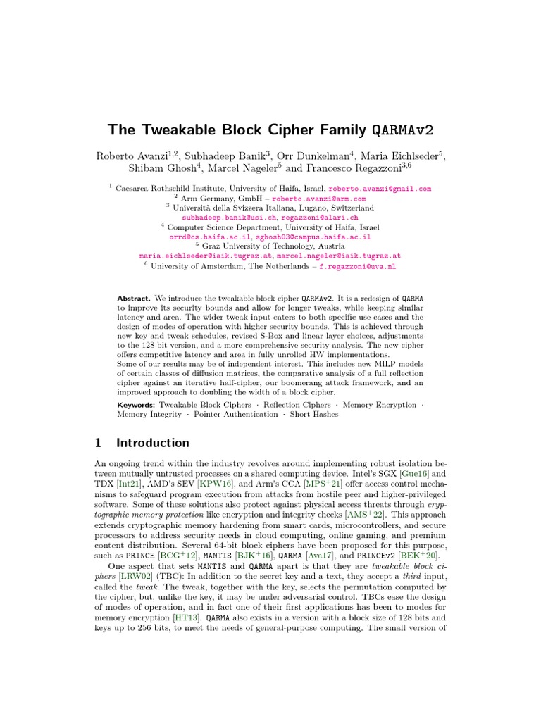 The Tweakable Block Cipher Family: Qarmav2 | PDF | Cryptography | Cryptanalysis