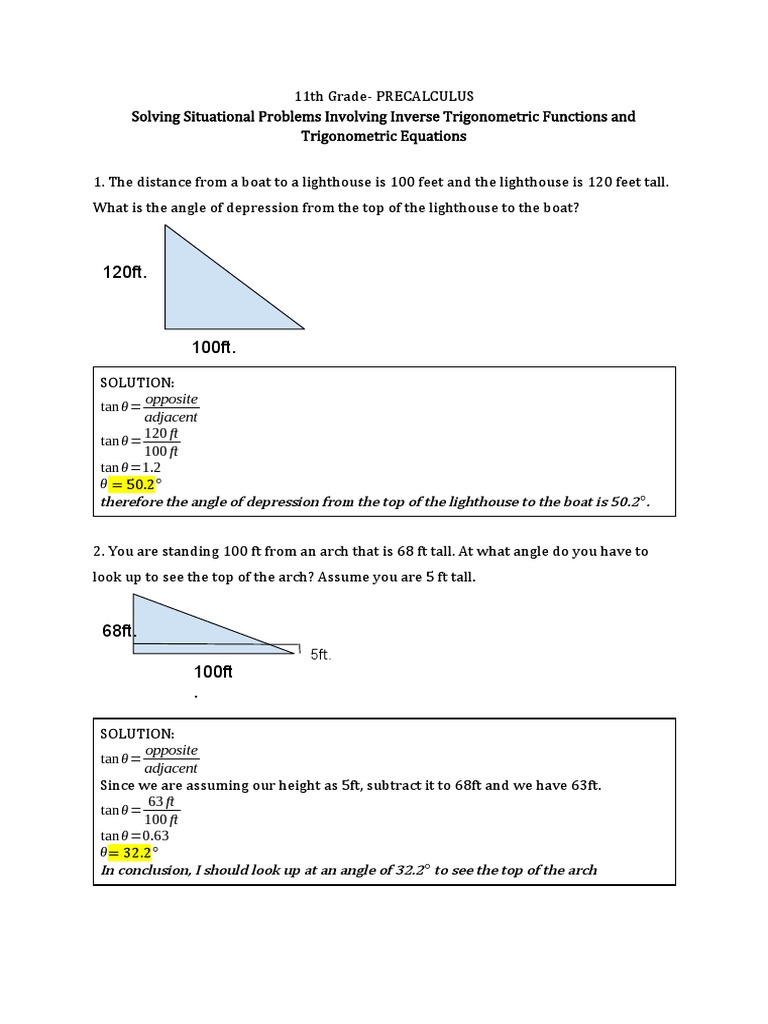 Activity Problems Involving Inverse Trigonometric Functions And