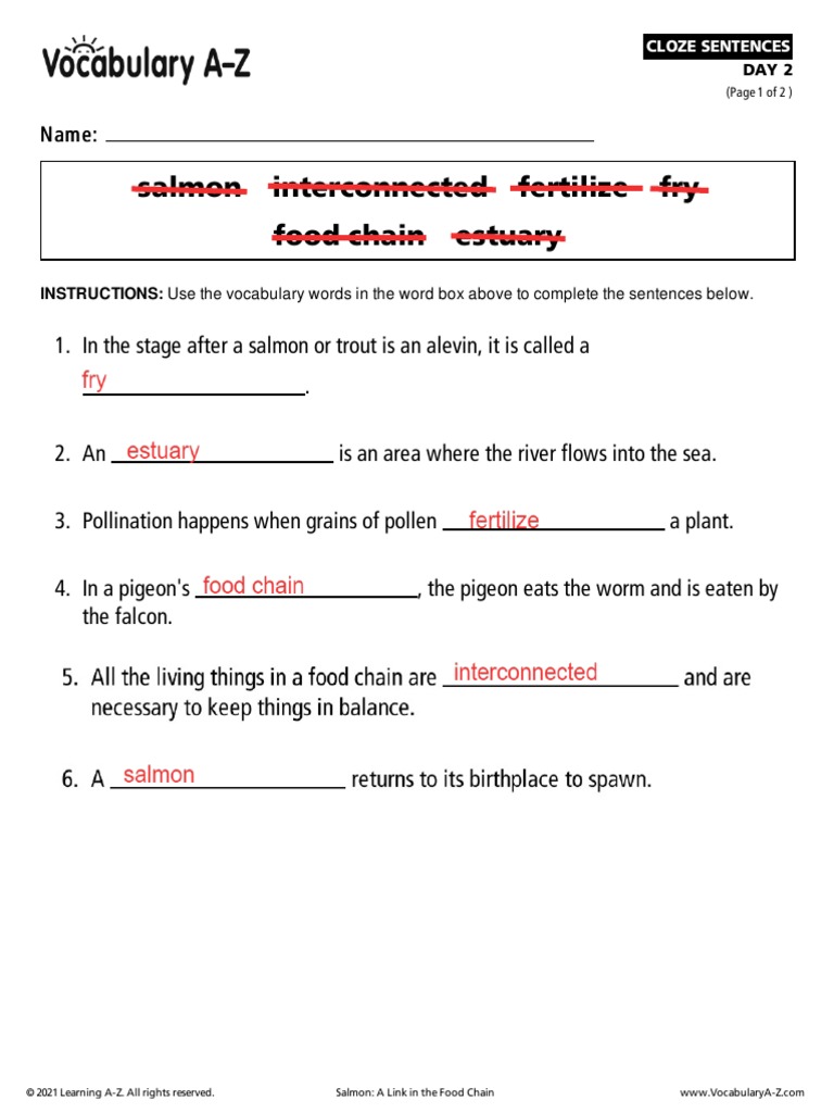 Salmon A Link in The Food Chain Cloze Sentences | PDF