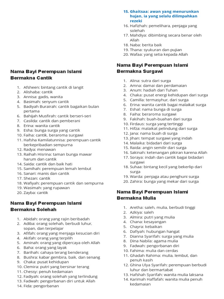 Nama Bayi Perempuan Cantik Islami | PDF