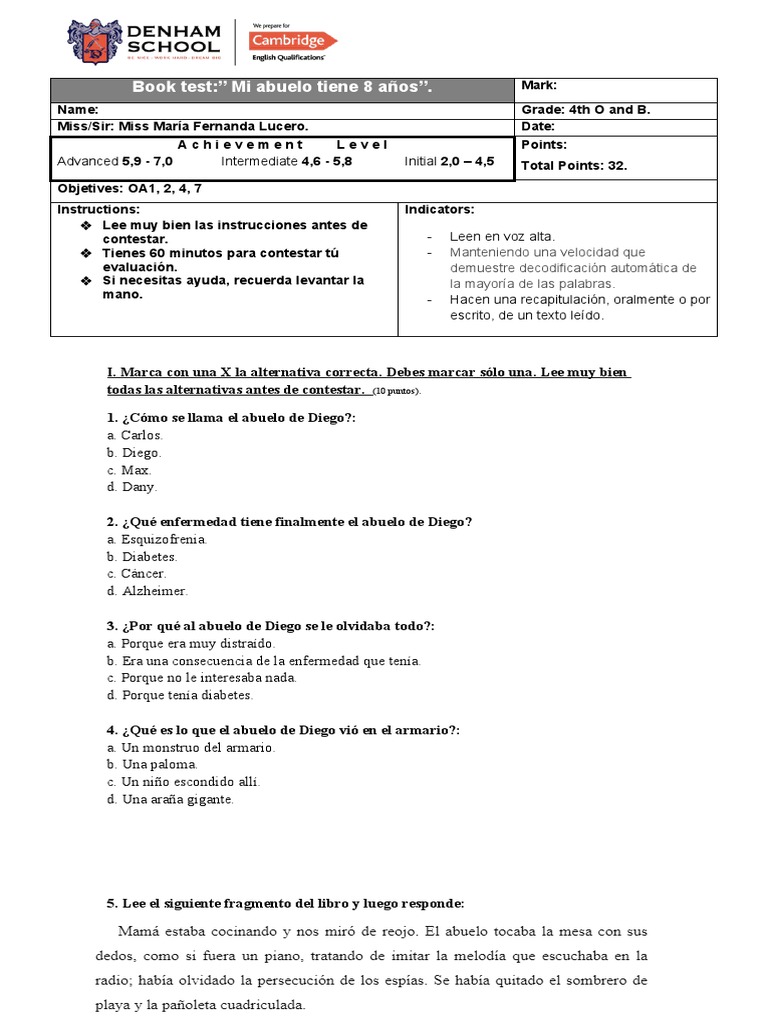 Mi Abuelo Tiene 8 Años. Evaluacion Libro. | PDF