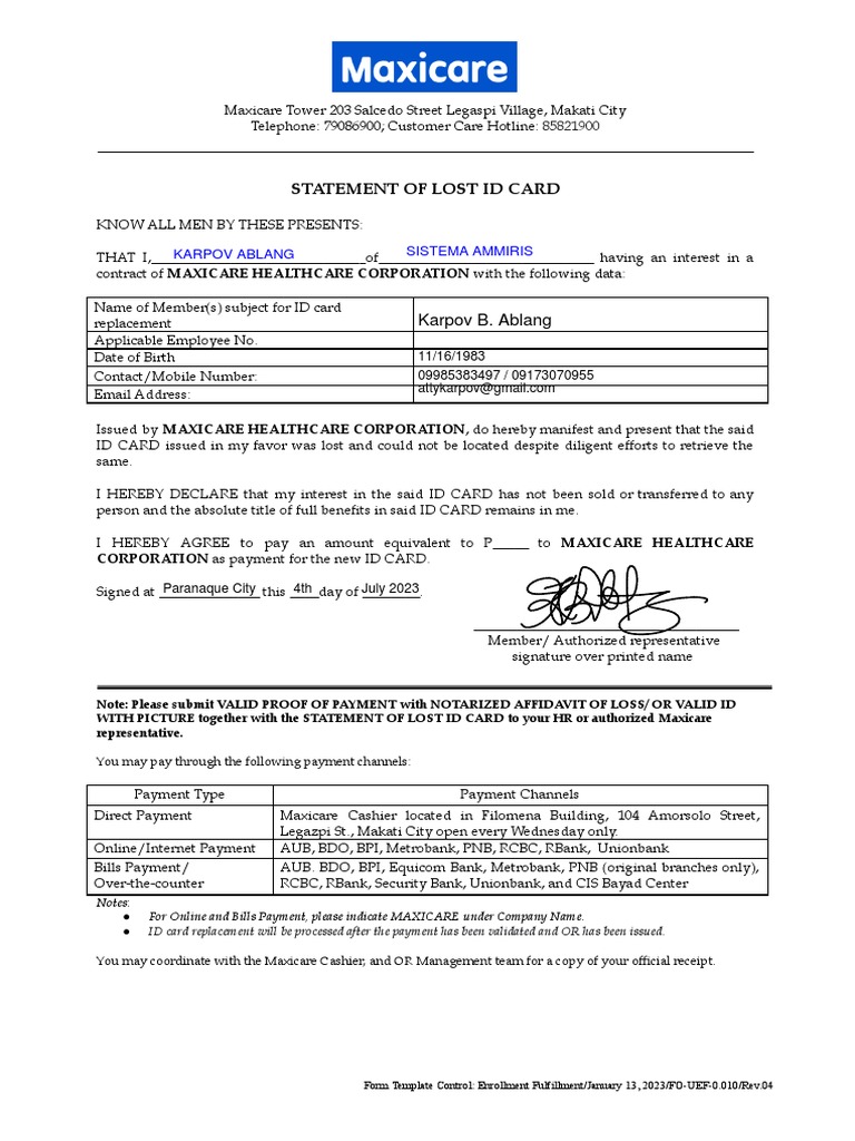 Maxicare ID Card Replacement Guide | PDF | Identity Document | Payments