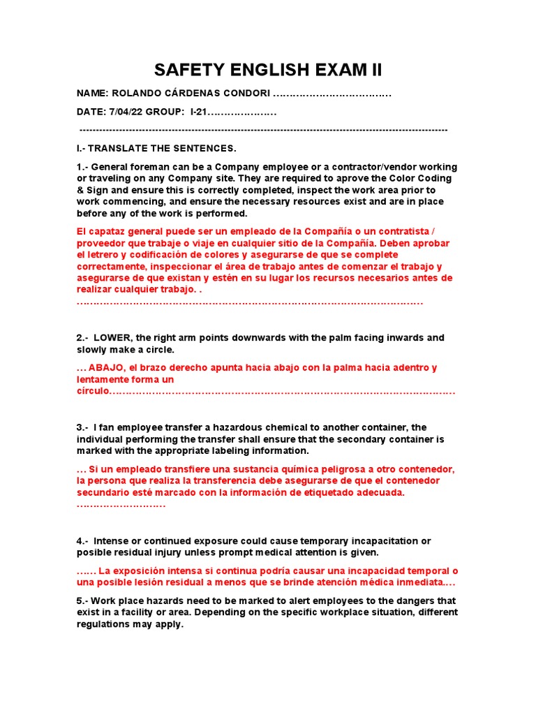 Examen de Inglés sobre Seguridad Laboral | PDF | Tecnología