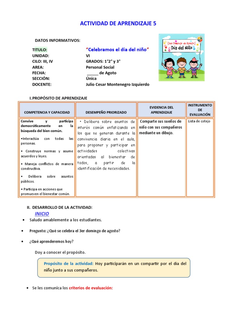 D5 A2 SESION Celebramos El Día Del Niño | PDF | Evaluación | Salón de ...