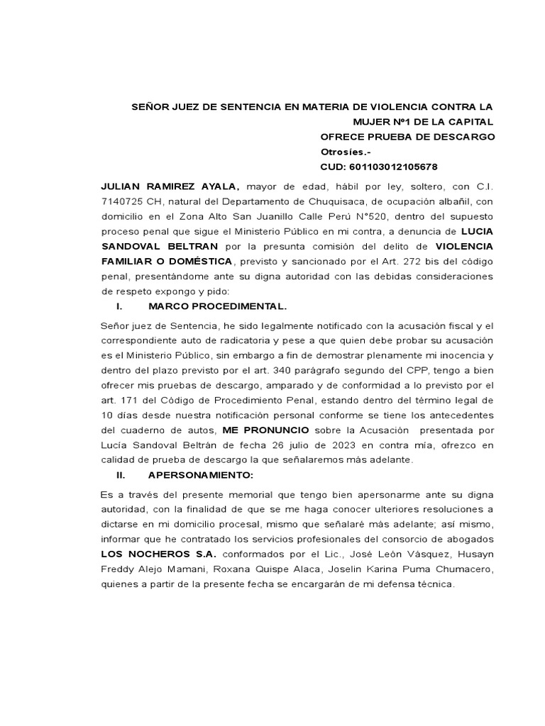 0000 Memorial de Ofrecimiento de Prueba de Descargo | PDF