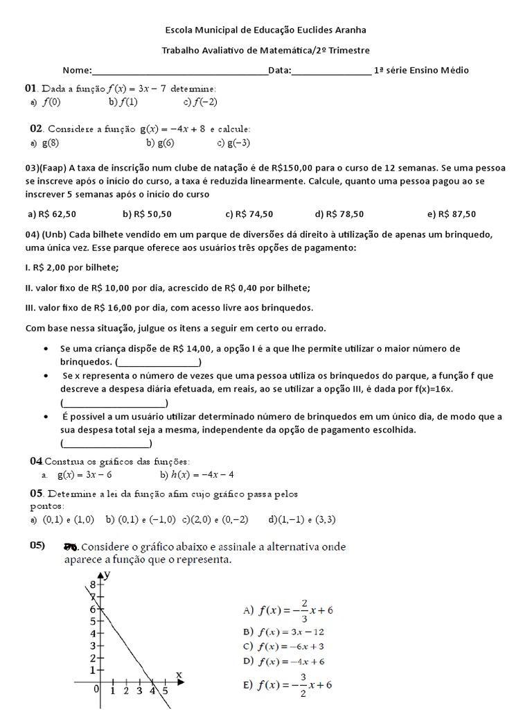 Prova de Matemática 1 Serie Ensino Médio | PDF
