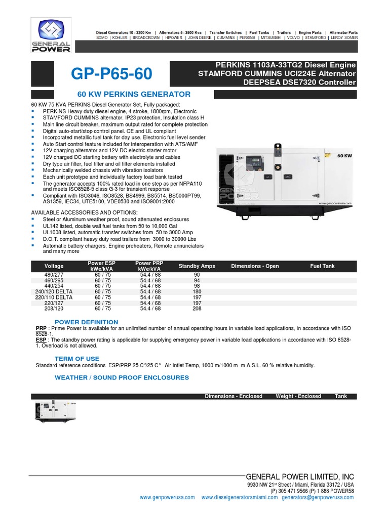 Perkins75kva - 60 KW Perkins Generator GP P65 60sa | PDF | Technology ...