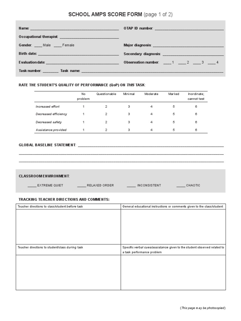 Amps Escolar - Score Form | PDF | Cognition | Cognitive Science