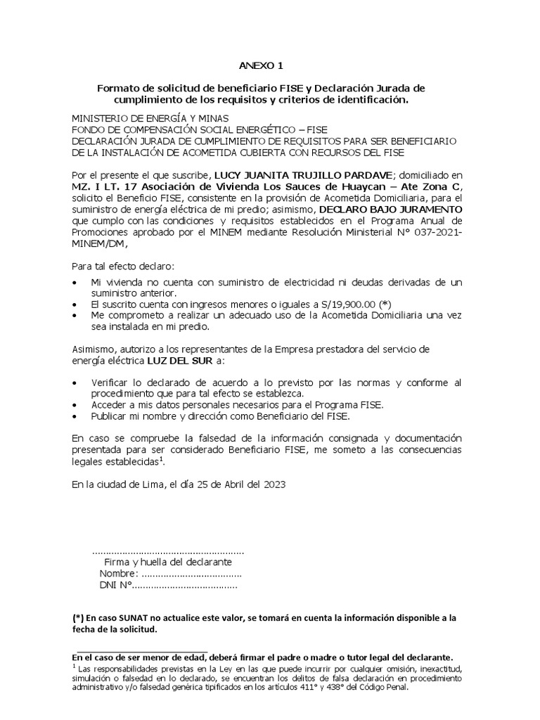 Anexo 1 - Declaración Jurada | PDF