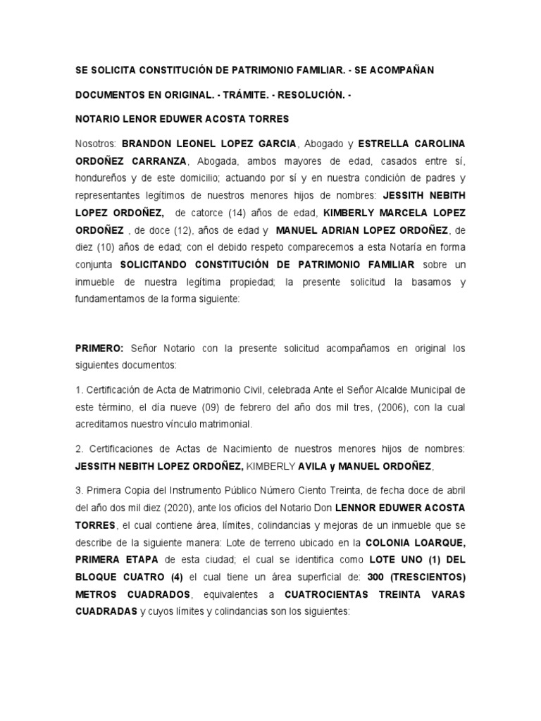 Se Solicita Constitución de Patrimonio Familiar | PDF