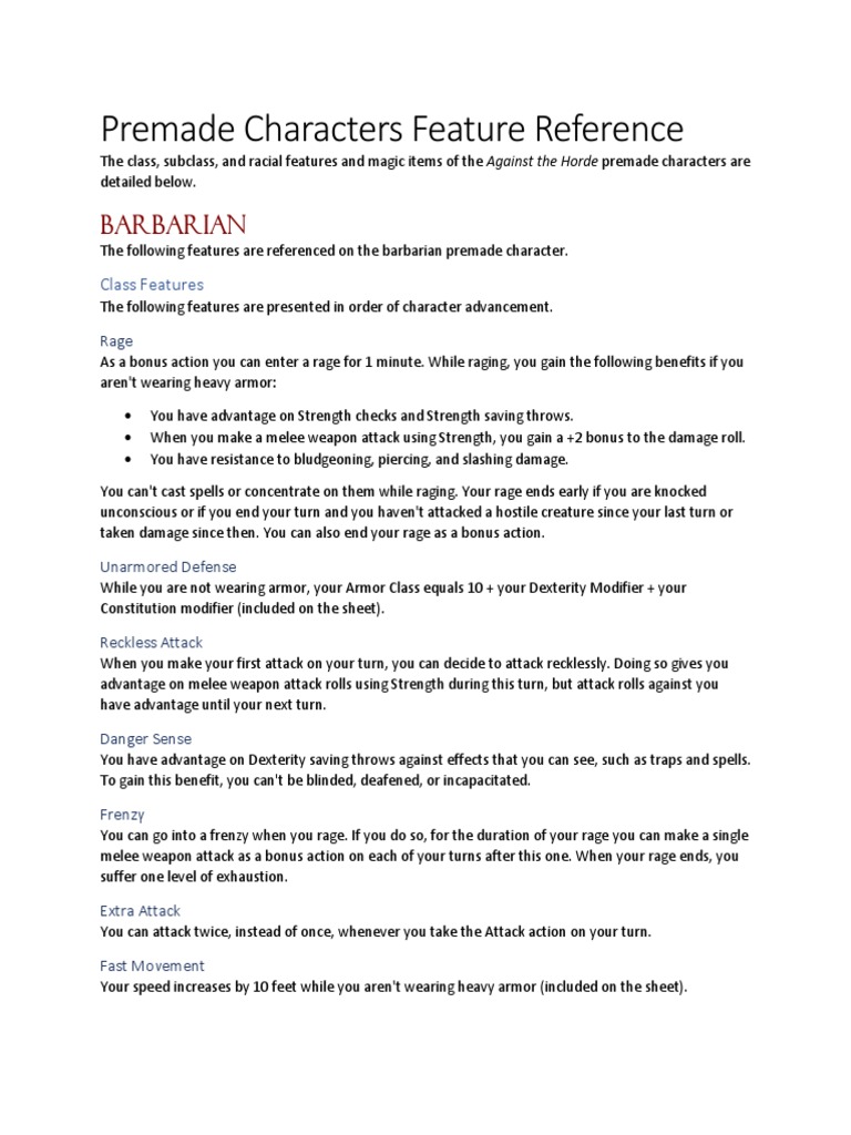 Premade Character Features Against The Horde v1.0 | PDF