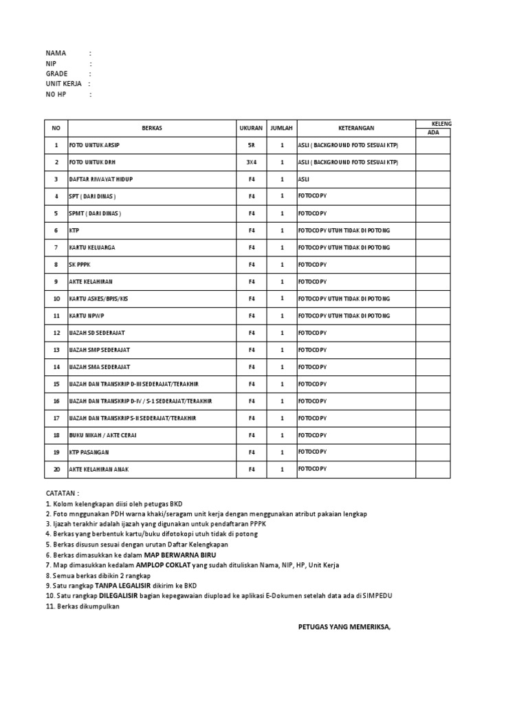 Checklist Berkas PPPK Baru 2023 | PDF