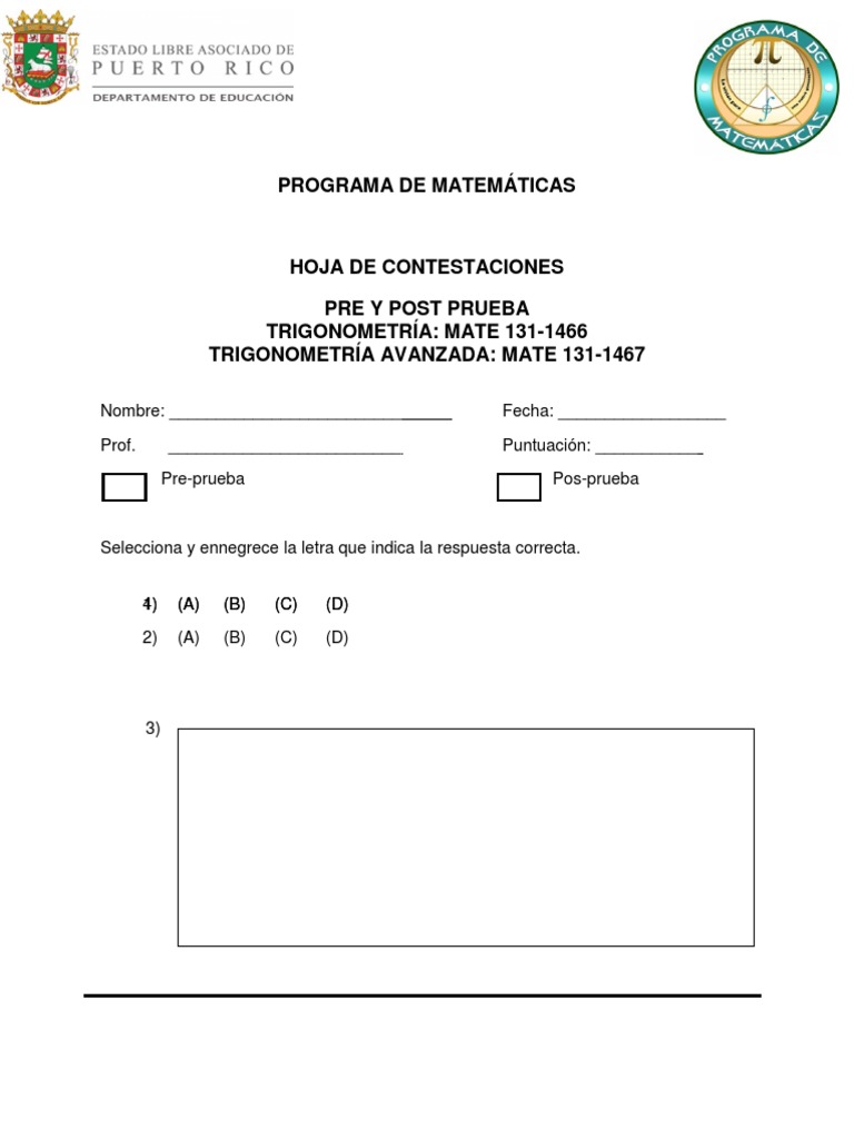 Hoja de Contestaciones Trigonometria | PDF