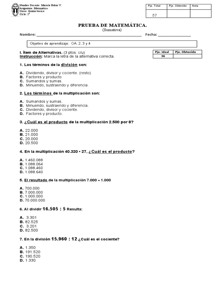 Prueba 5° Multiplicaciones, Divisiones y Resolución de Problemas. | PDF