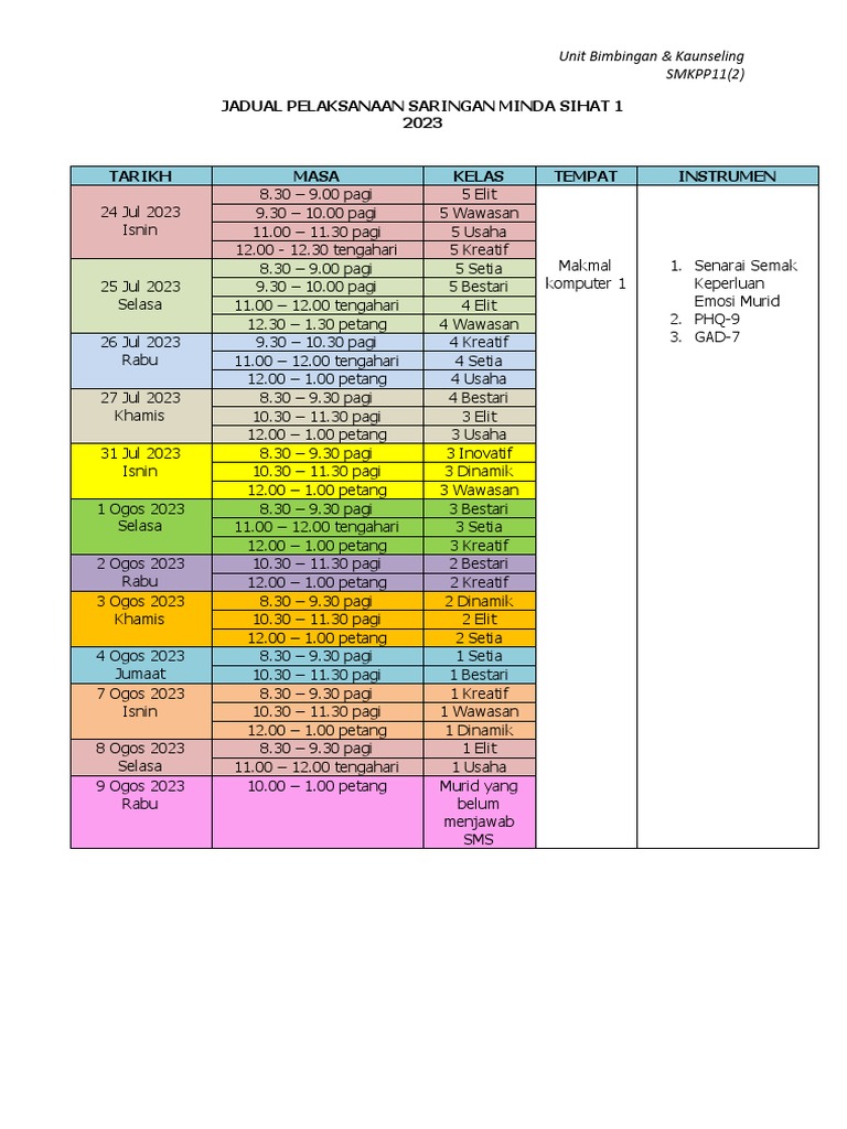 Jadwal Saringan Minda Sihat 2023 | PDF | Griya & Taman
