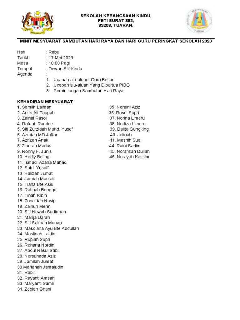 MINIT MESYUARAT SAMBUTAN HARI RAYA DAN HARI GURU PERINGKAT SEKOLAH | PDF