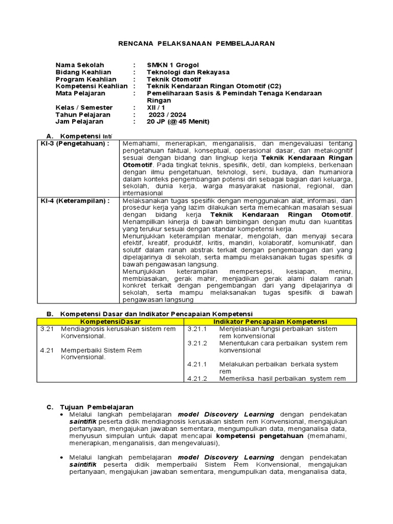 RPP 3.21. Mendiagnosis Kerusakan Sistem Rem Konvensional | PDF