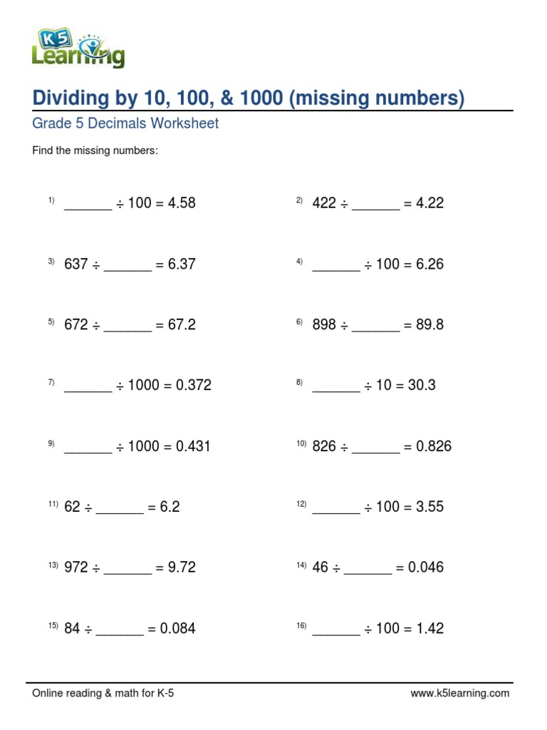 Grade 5 Dividing by 10, 100, 1000 Worksheet | PDF | Teaching Methods ...