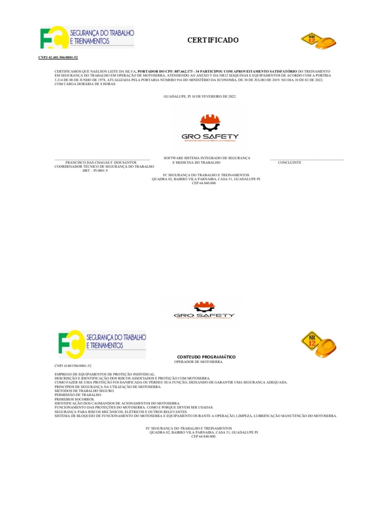 Certificado Operador de Motosseras Naelson Leite Da Silva Empresa Naide ... Certificado Operador de Motosseras Naelson Leite Da Silva Empresa Naide ...