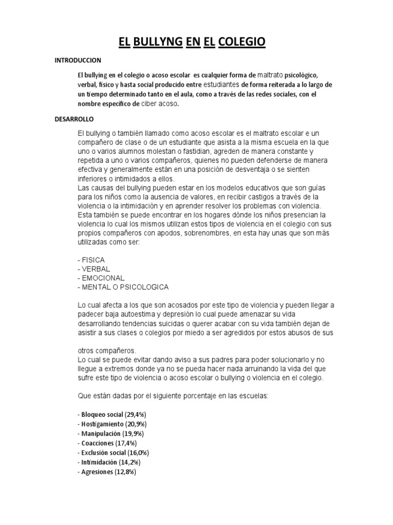 El Bullying en El Colegio | PDF | Sicología | Agresión