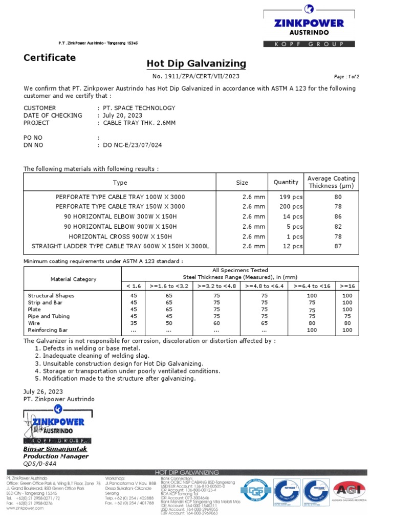 Hot Dip Galvanizing Certificate: P.T - Zinkpower Austrindo - Tangerang 15345 | PDF | Pipe (Fluid ...