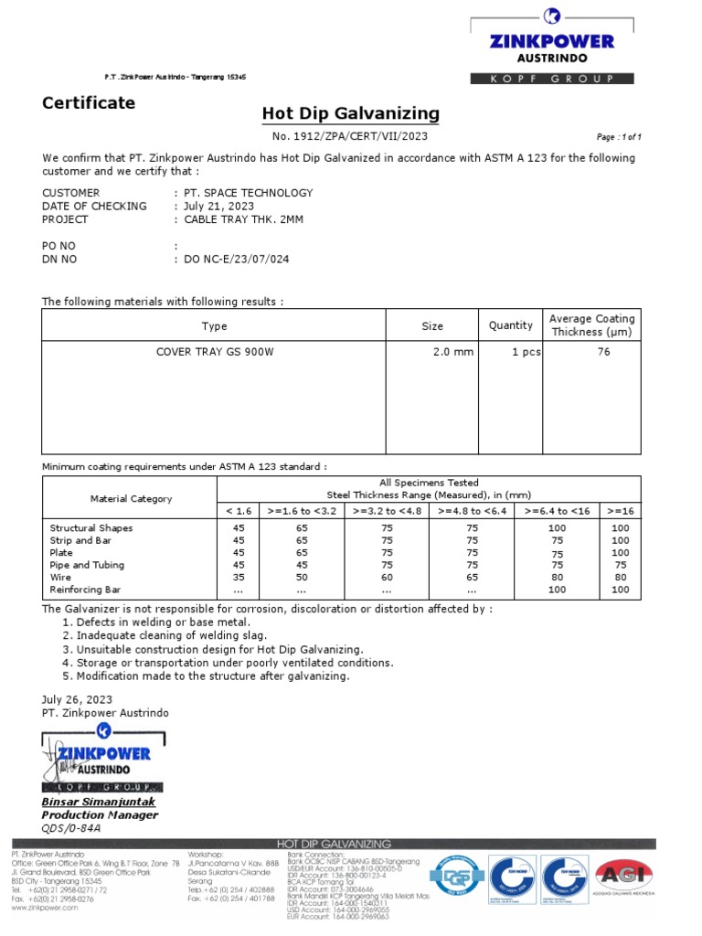 Hot Dip Galvanizing Certificate: P.T - Zinkpower Austrindo - Tangerang ...