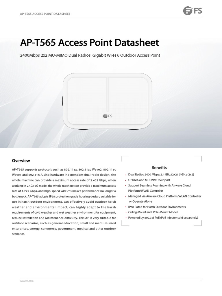 AP-T565 Access Point Datasheet: 2400Mbps 2x2 MU-MIMO Dual Radios Gigabit Wi-Fi 6 Outdoor Access ...