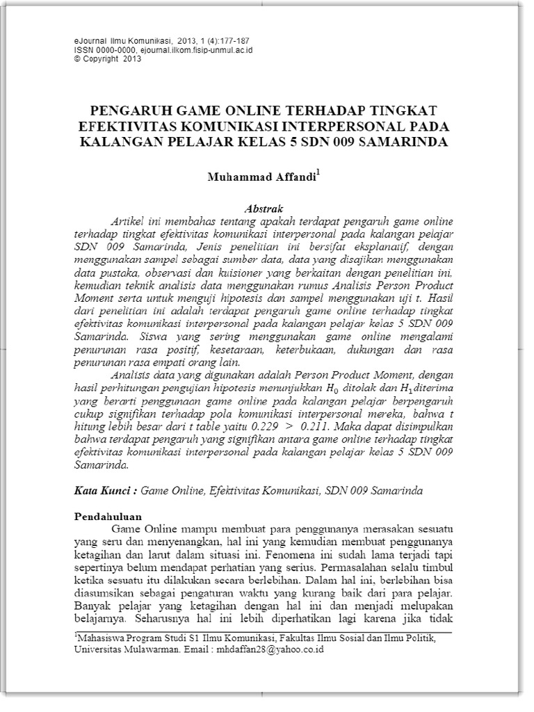 PENGARUH GAME ONLINE TERHADAP TINGKAT EFEKTIVITAS KOMUNIKASI INTERPERSONAL PADA KALANGAN PELAJAR ...
