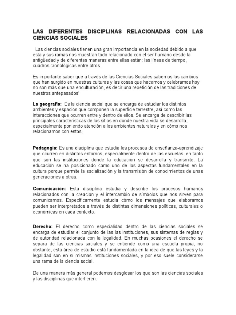 Las Diferentes Disciplinas Relacionadas Con Las Ciencias Sociales Pdf