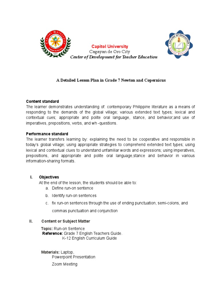 Lesson Plan Run-on Sentence (1) | PDF | Grammar | Language Mechanics