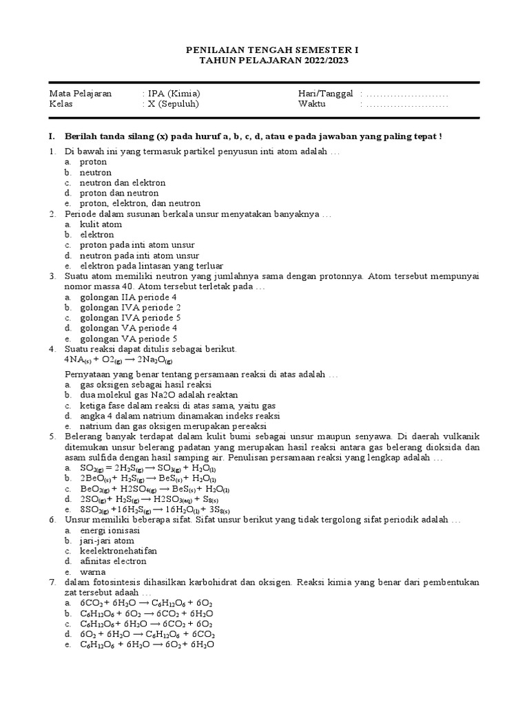 Soal Pts Kimia Kelas X Semester I | PDF | Sains & Matematika
