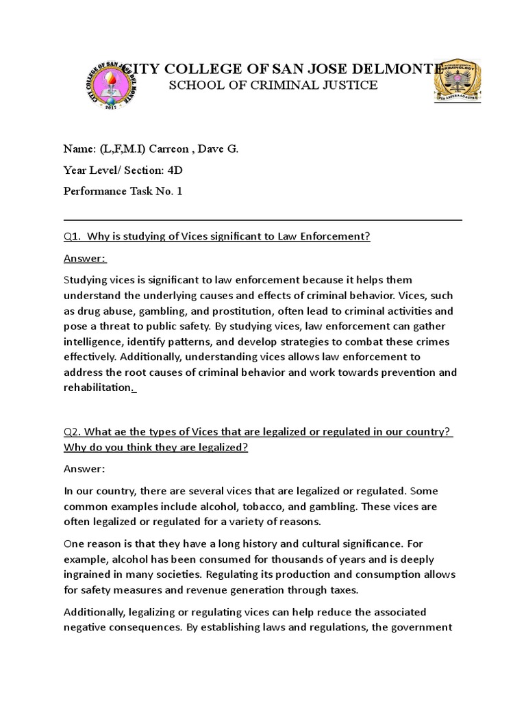 Performance Task No. 1 Vices | PDF | Crimes | Crime & Violence