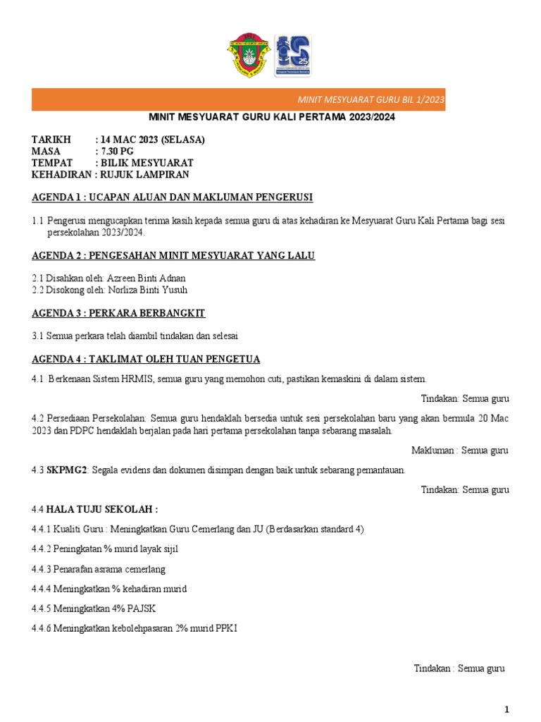 Minit Mesyuarat Guru Kali Pertama 2023 | PDF