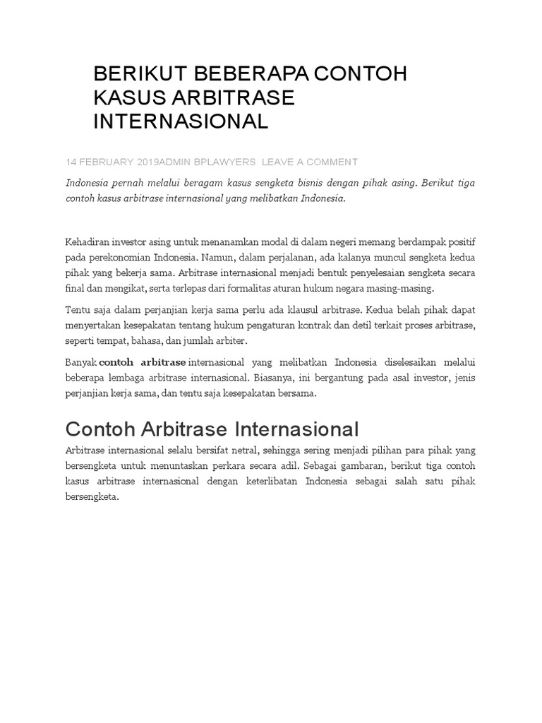 Contoh Kasus Arbitrase Internasional Indonesia | PDF | Hukum