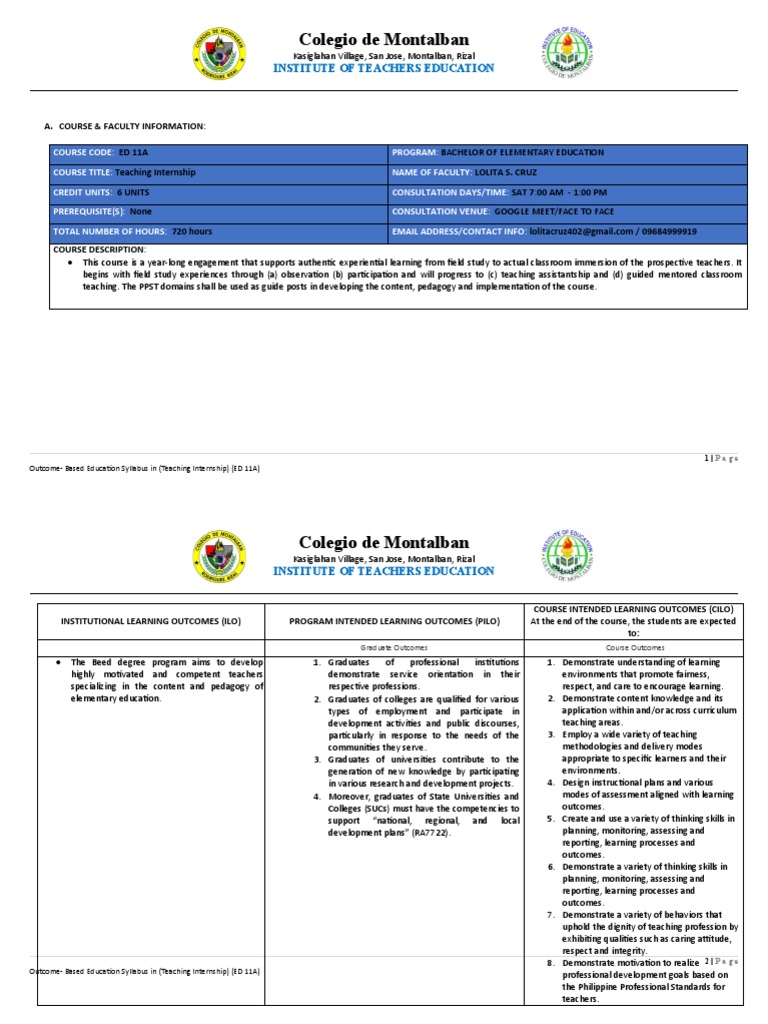 Teaching Internship Syllabus - ED 11A | PDF
