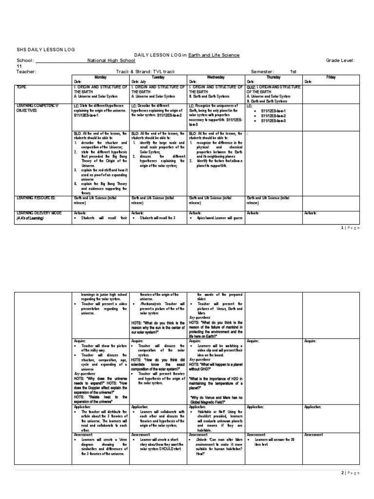 Daily Lesson Log in Earth Science | PDF