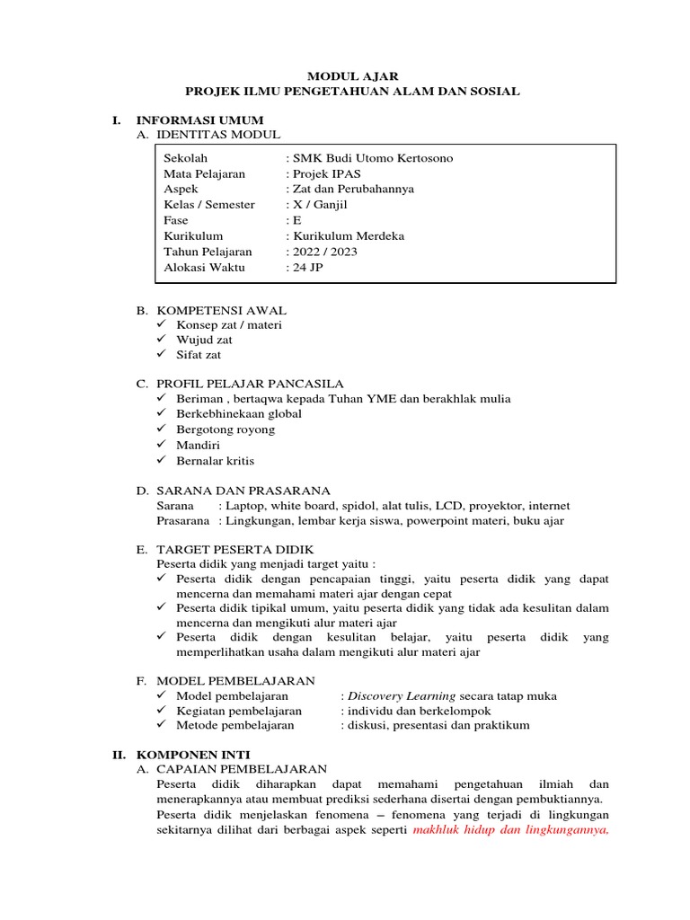 Modul Ajar IPAS Kelas X SMK (Zat dan Perubahannya) | PDF