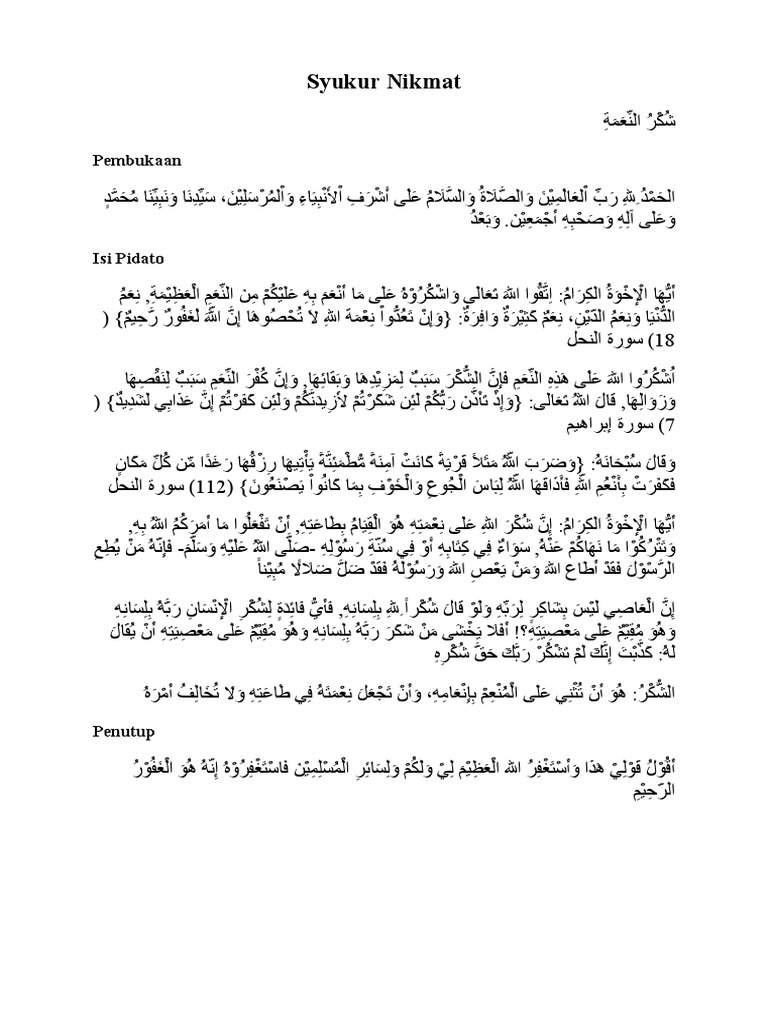 Pidato Bahasa Arab Syukur Nikmat | PDF